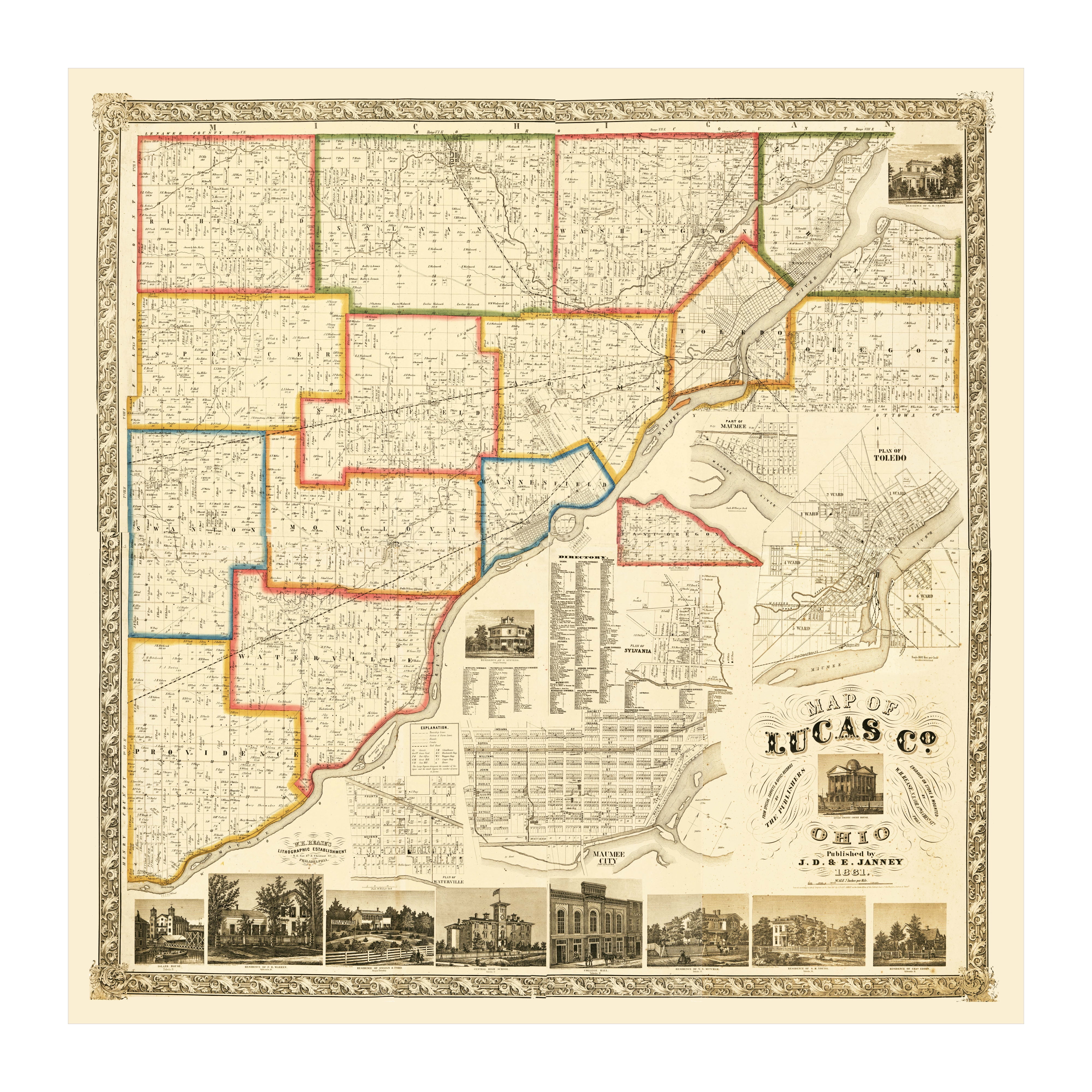 Lucas County Ohio Art, 1861 Vintage Map of Lucas County OH History Wall ...