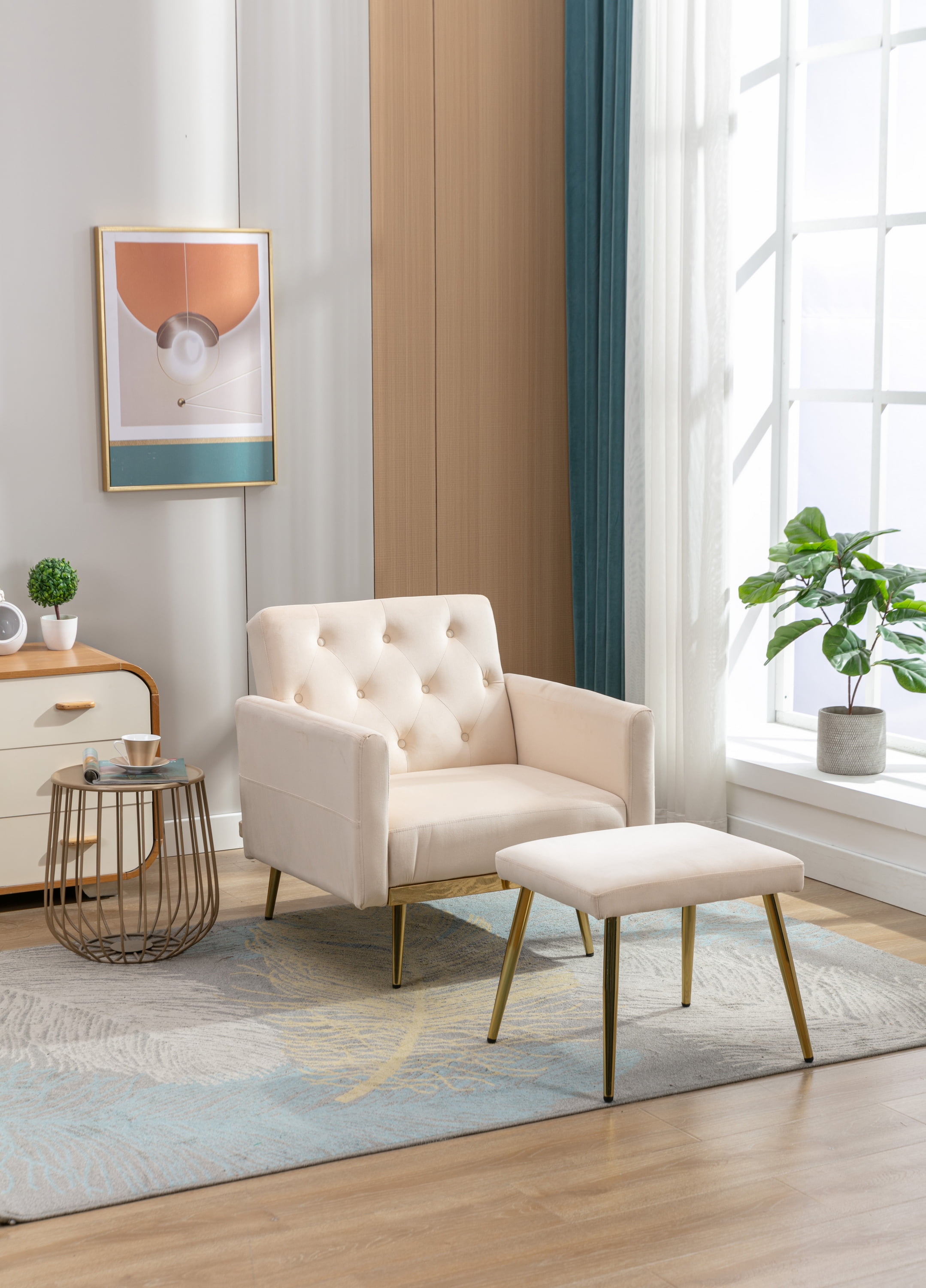 Luccalily Velvet Accent Chair with Ottoman,Adjustable Armrests and ...