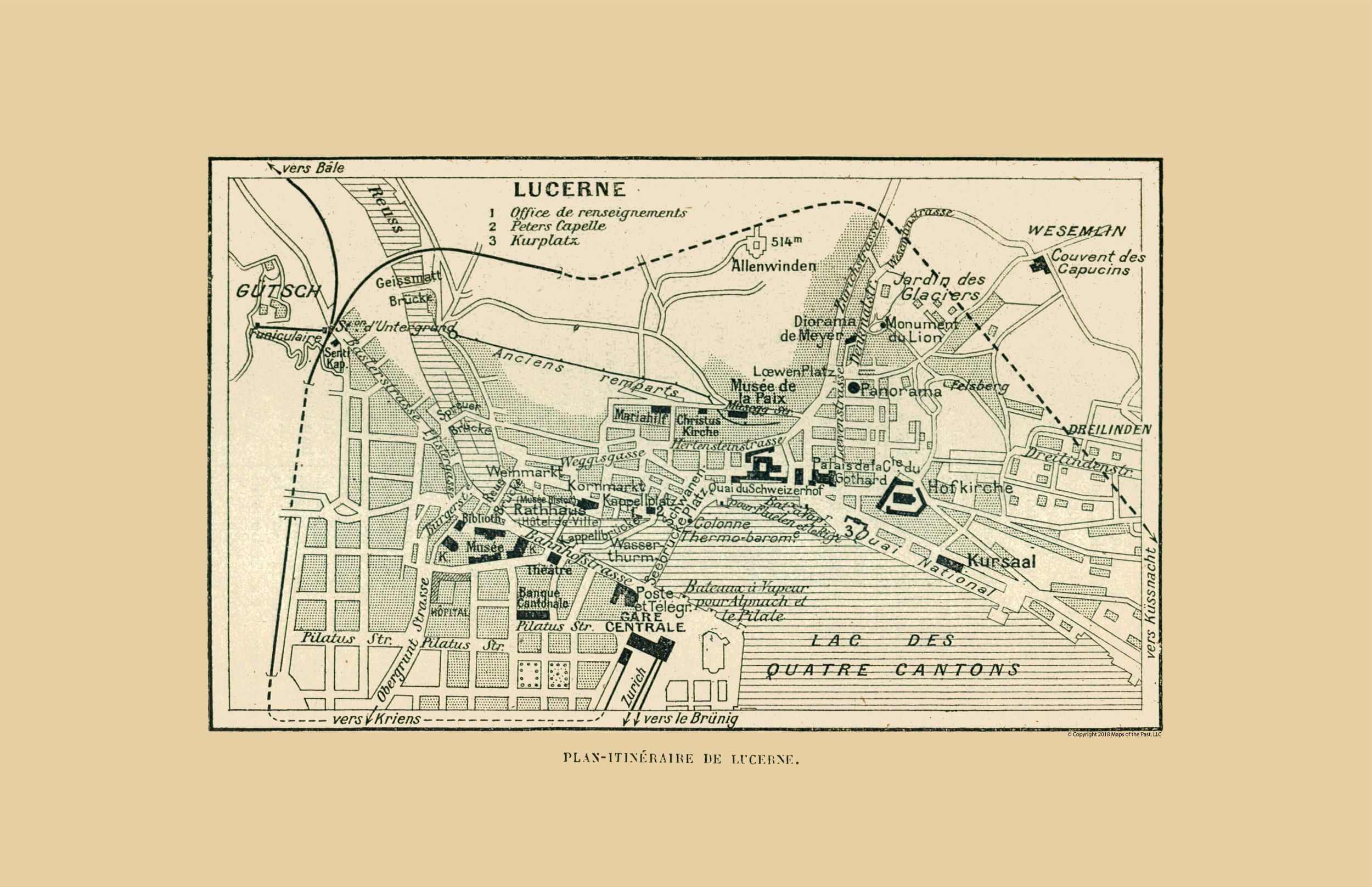Historic Map - Lucerne Switzerland Route Plan - Swiss Guide 1917 - 35. ...