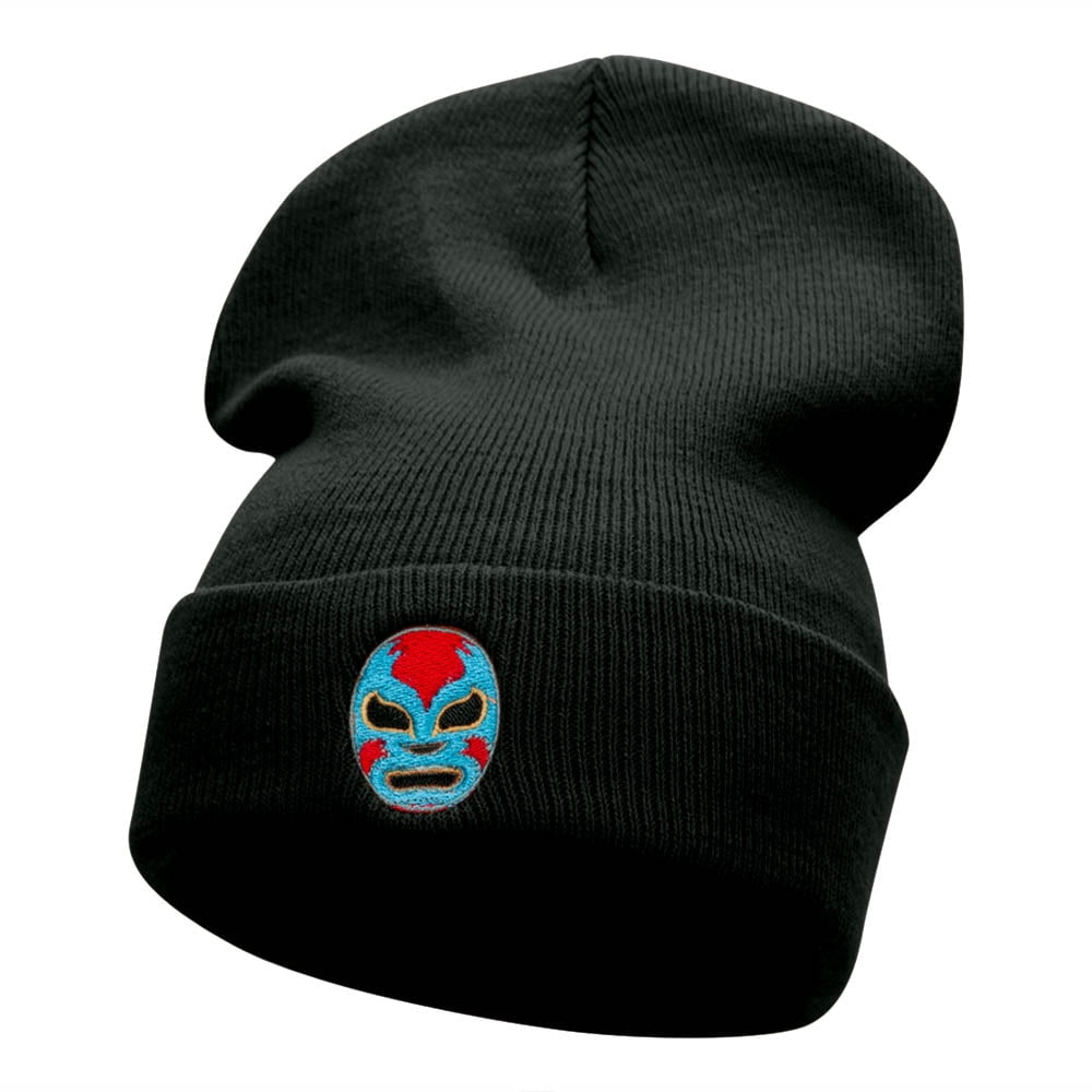 Luchador Mask Face Embroidered Long Knitted Beanie - Black OSFM ...