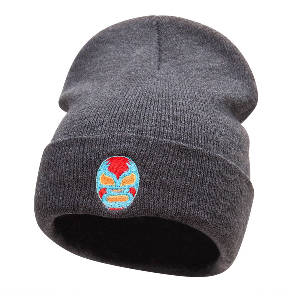 Luchador Mask Face Embroidered Long Knitted Beanie - Heather Charcoal ...