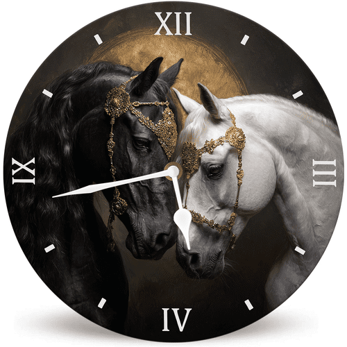 Lucidhisun Black and White Horse Couple Battery Operated Round Wood ...