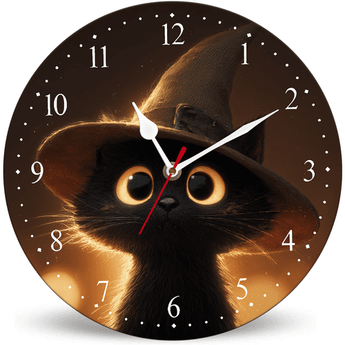 Lucidhisun Cute Witch Cat Kitchen Clocks Wall Battery Operated 10in ...