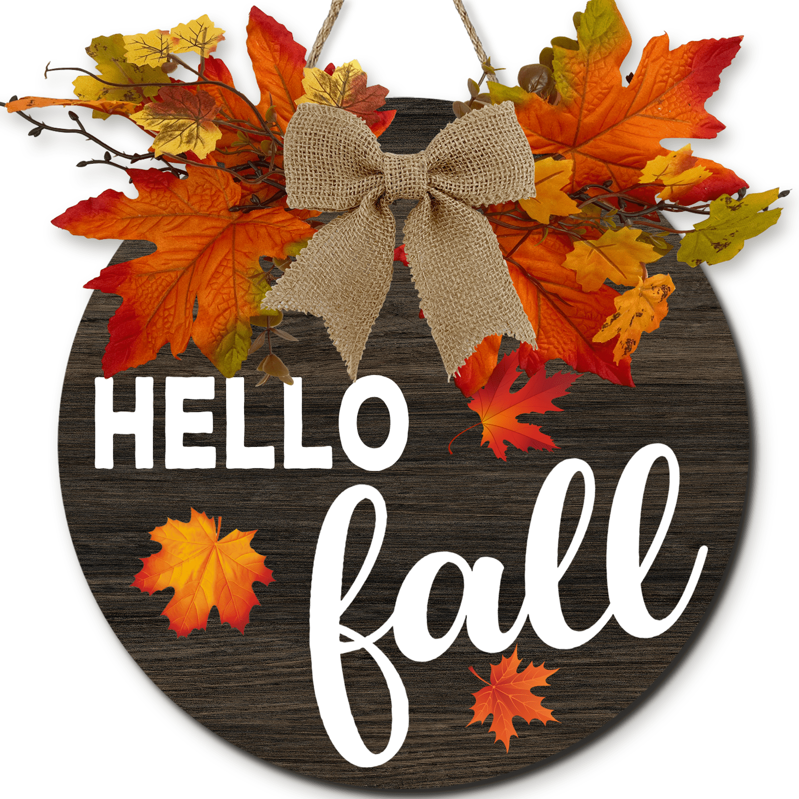 Lucidhisun Farmhouse Hello Fall Round Wood Wreaths, Pumpkin Maple Leaf ...
