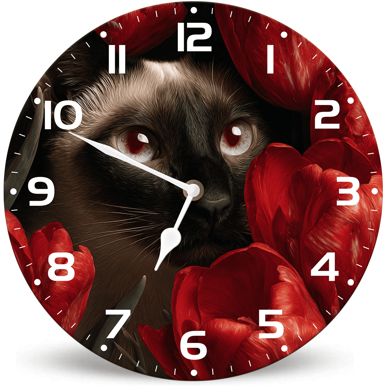 Lucidhisun Siamese Cat Red Tulips Battery Operated Round Wood Silent Non Ticking Wall Clock 10in ...