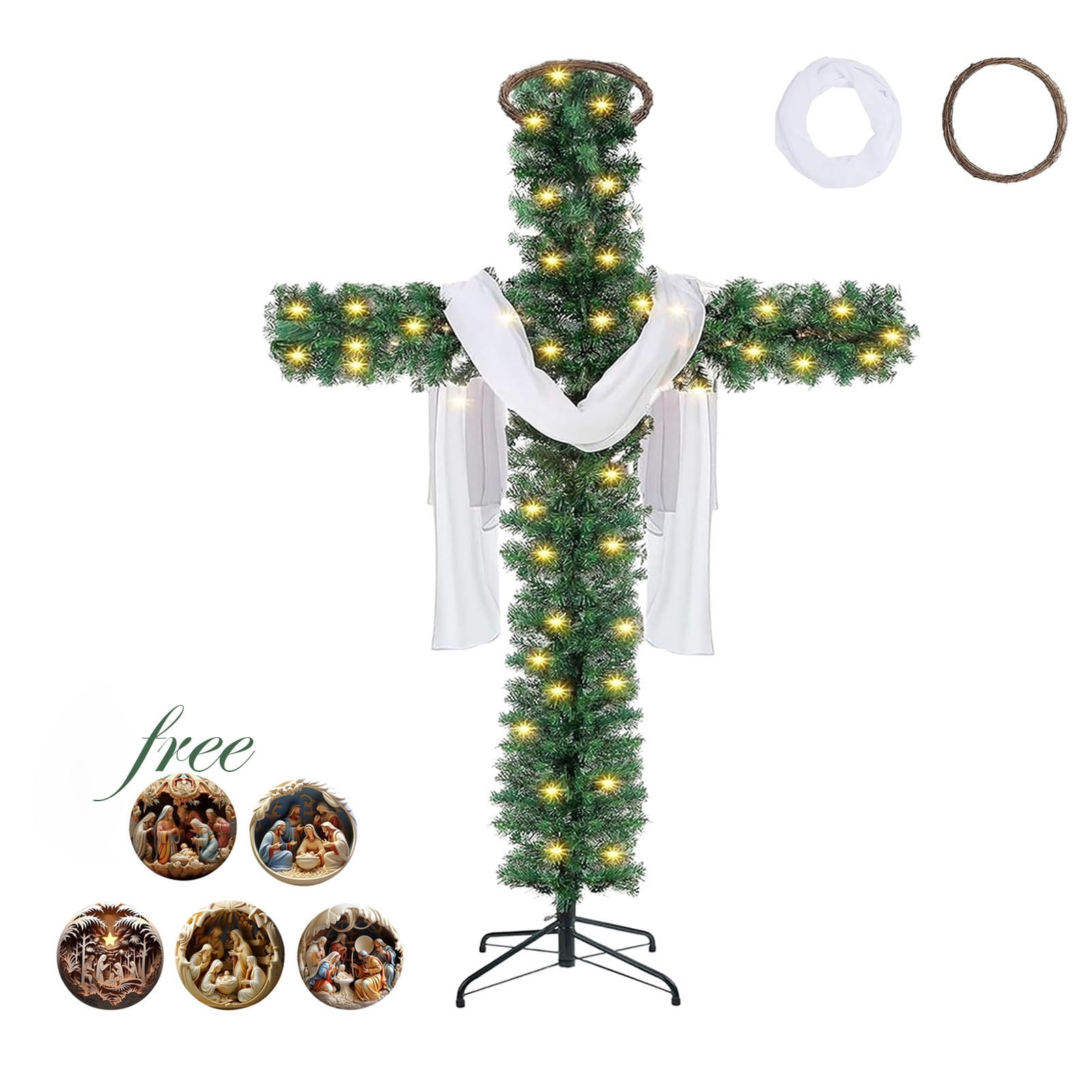 Luckky Foldable Cross Christmas Tree, Pre-Lit Artificial Pine Christmas ...