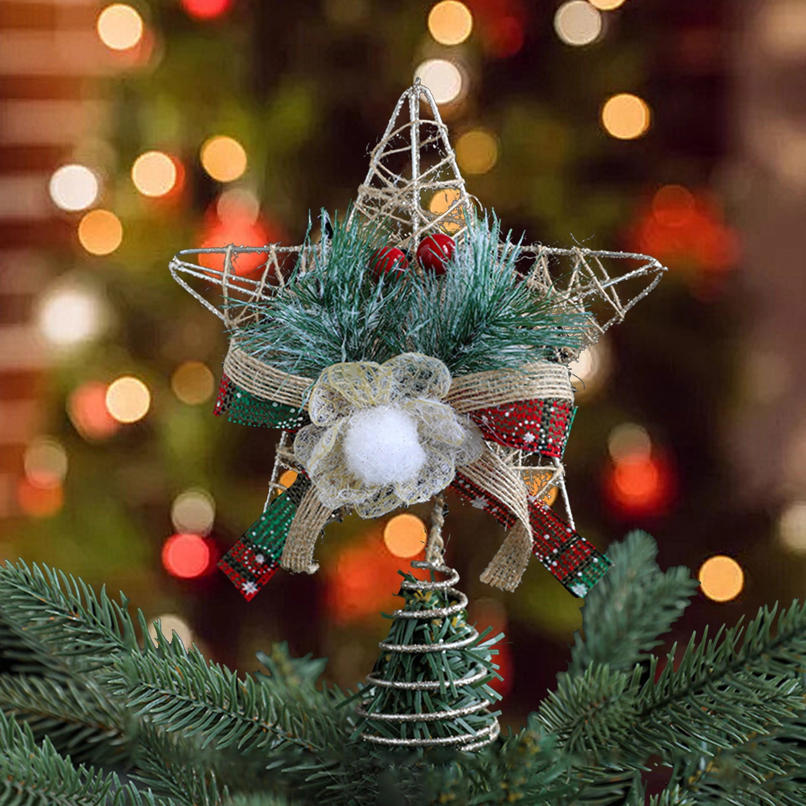 Luckky Rattan Christmas Star Tree Topper, 9" Natural Pinecone Christmas ...