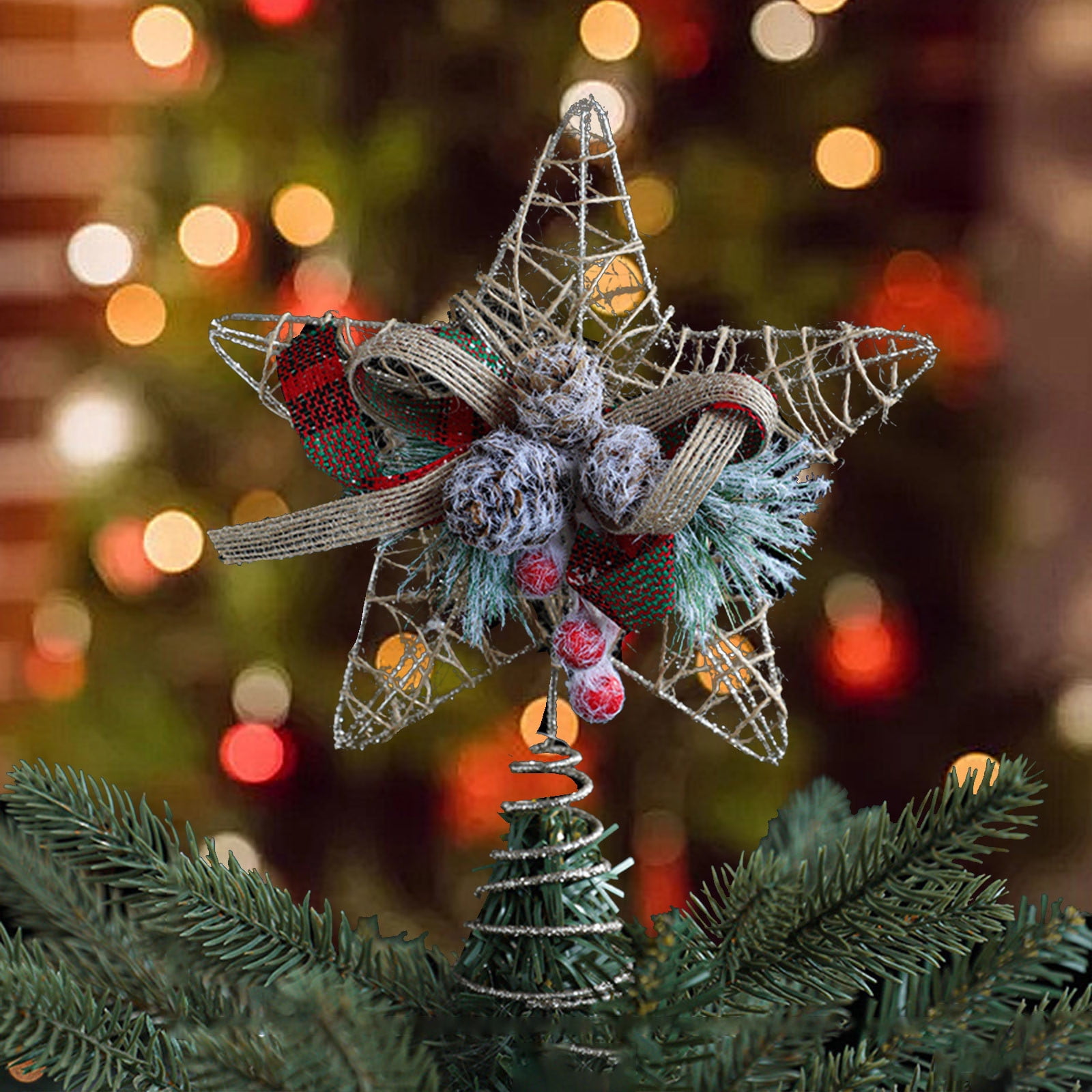 Luckky Rattan Christmas Star Tree Topper, 9" Natural Pinecone Christmas ...