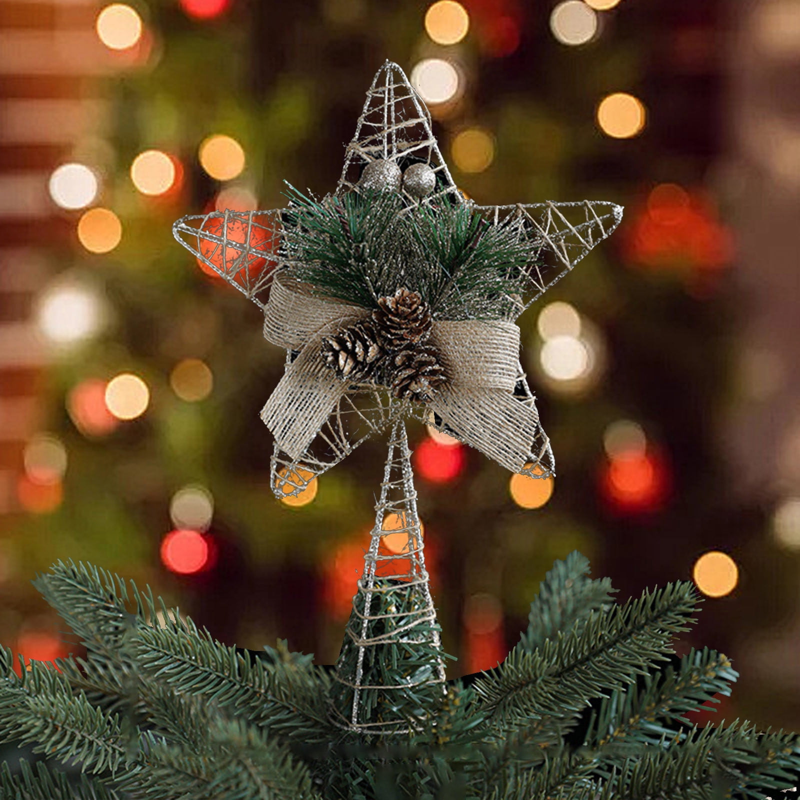 Luckky Rattan Christmas Star Tree Topper, 9" Natural Pinecone Christmas ...