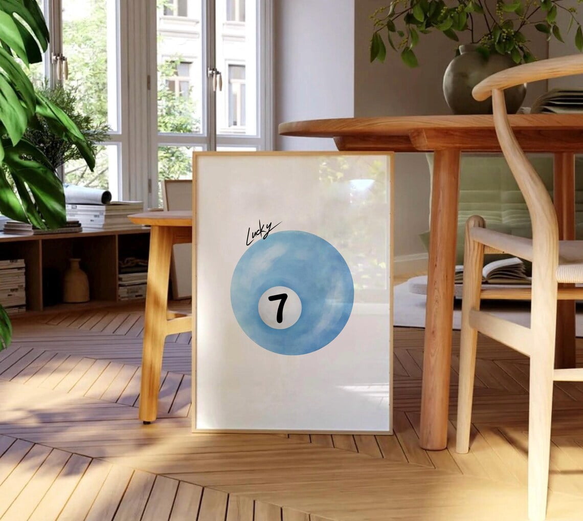 Lucky 7 Ball Wall Art, Vintage Pool Ball Print, Light Blue Pool Ball ...