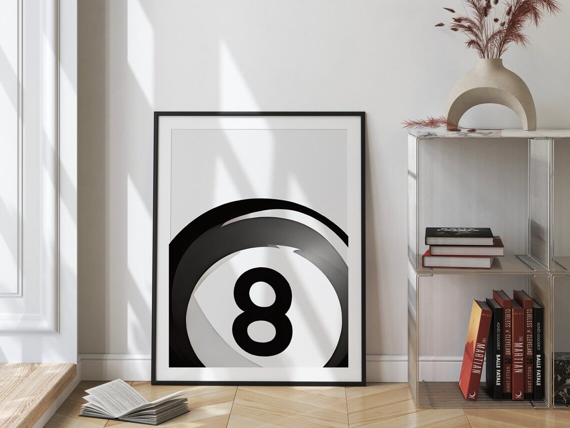 Lucky 8 Ball Black and White Art Print, Retro Billiards Wall Decor, Mid ...