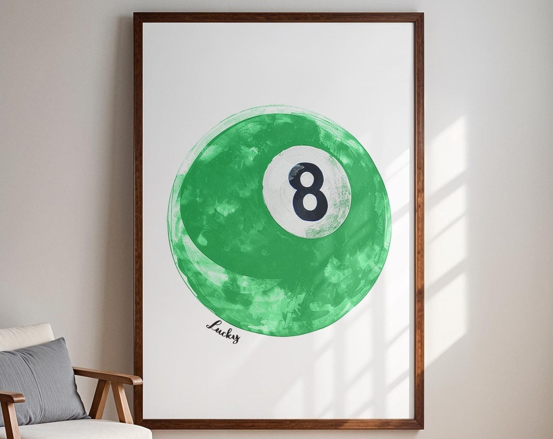 Lucky 8 Ball Wall Art, Vintage Pool Ball Print, Sky Blue Pool Ball ...