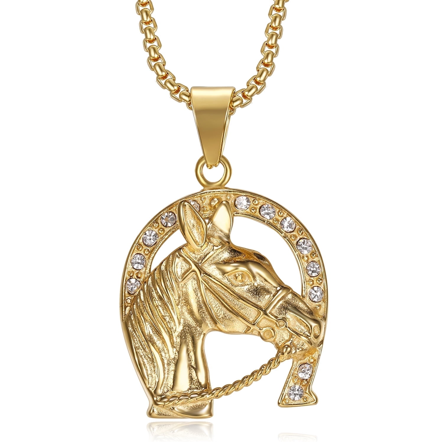 NEGS 18K Gold Plated Lucky Horse Pendant Horseshoe 24'' Chain Party ...