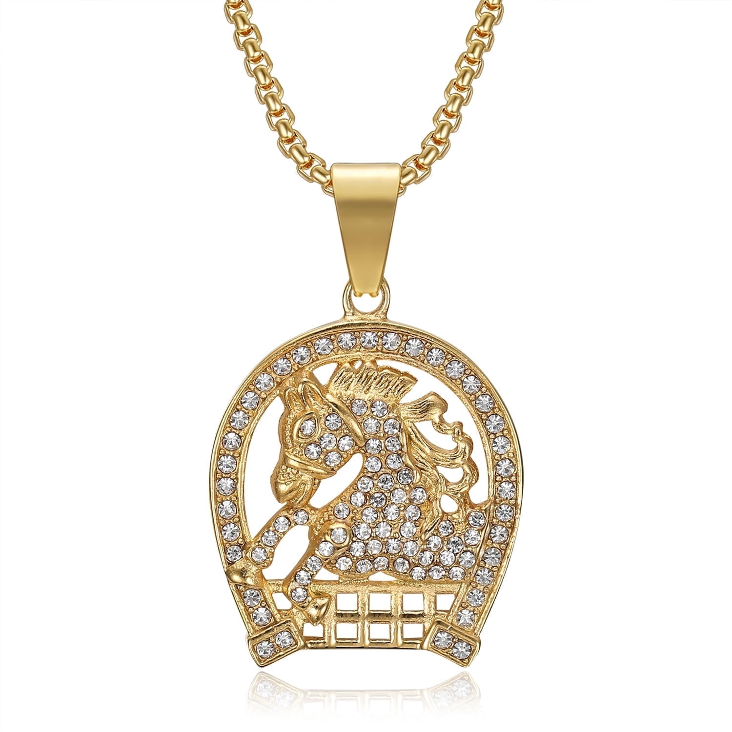 NEGS 18K Gold Plated Lucky Horse Pendant 24'' Chain Horseshoe Party ...