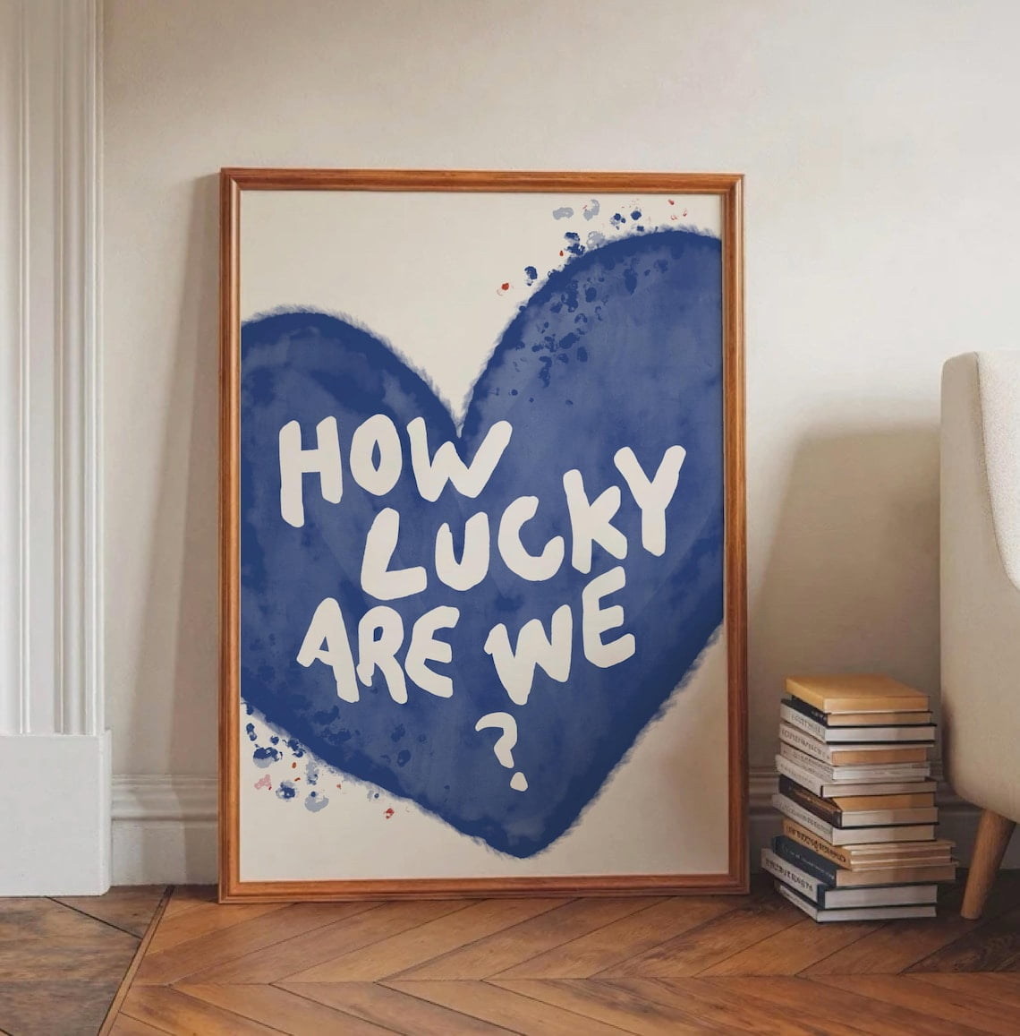 How Lucky Are We Art Print, Trendy Aesthetic Poster, Navy Blue Heart ...