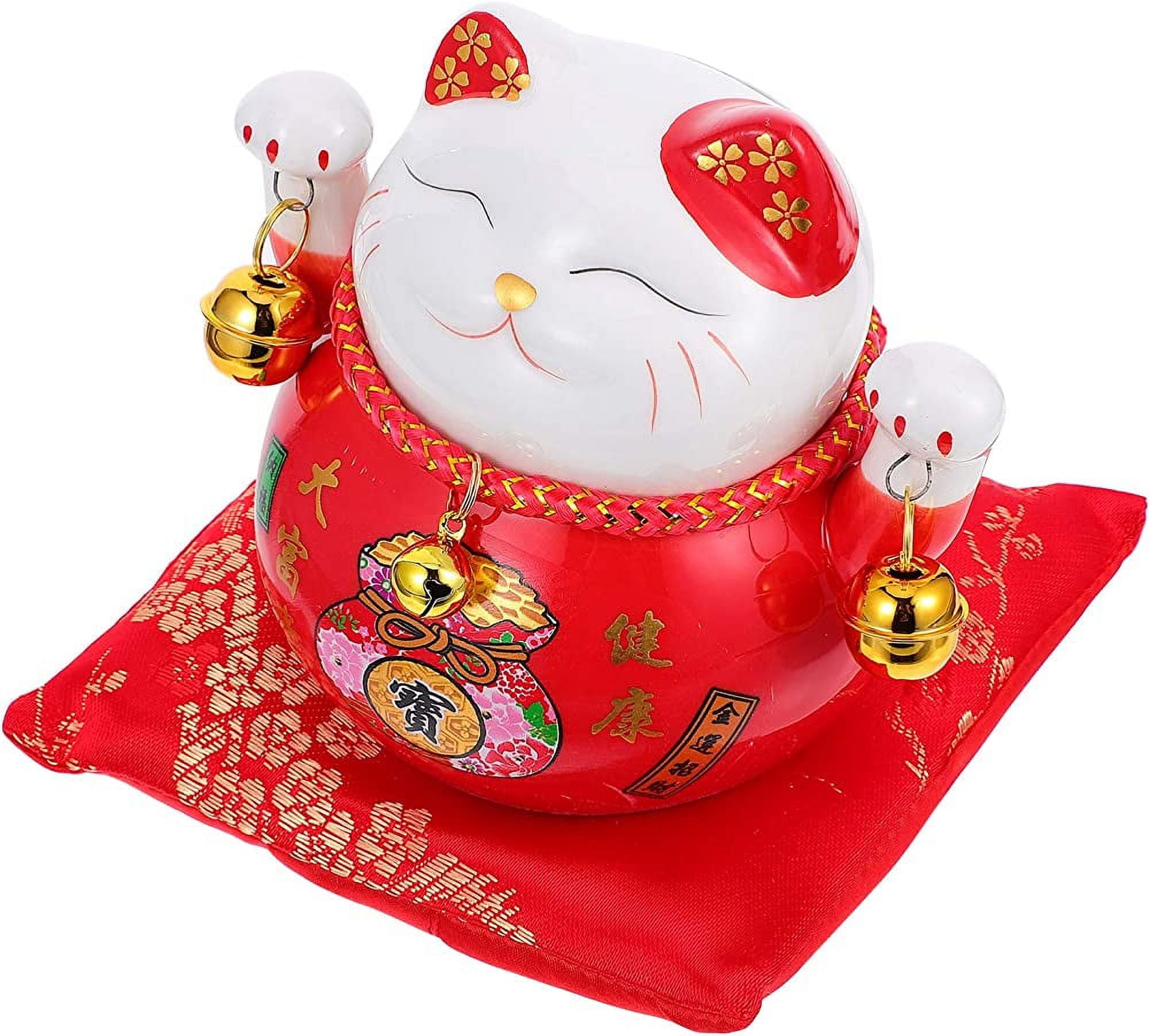 Lucky Cat Figurine Money Box Ceramic Piggy Bank Red Cat Picks Bell ...