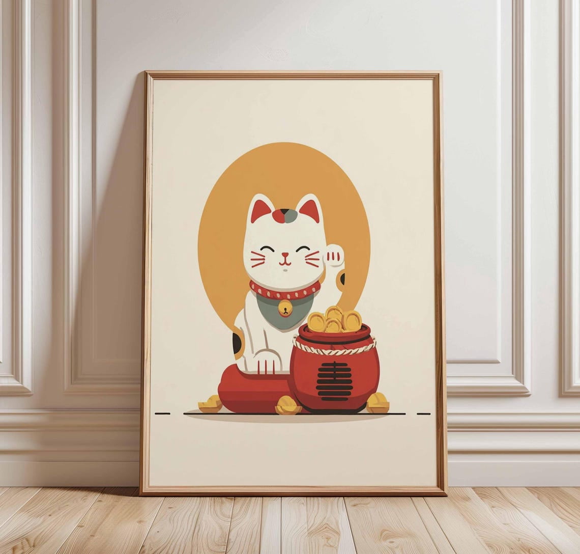 Lucky Cat Maneki Neko Japanese Wall Art Modern Minimalist Asian Art ...