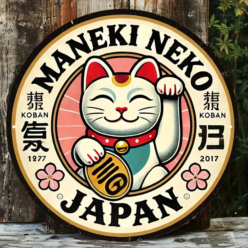 Lucky Cat Metal Wall Art - 8 Inch Round Retro Maneki Neko Decorative ...