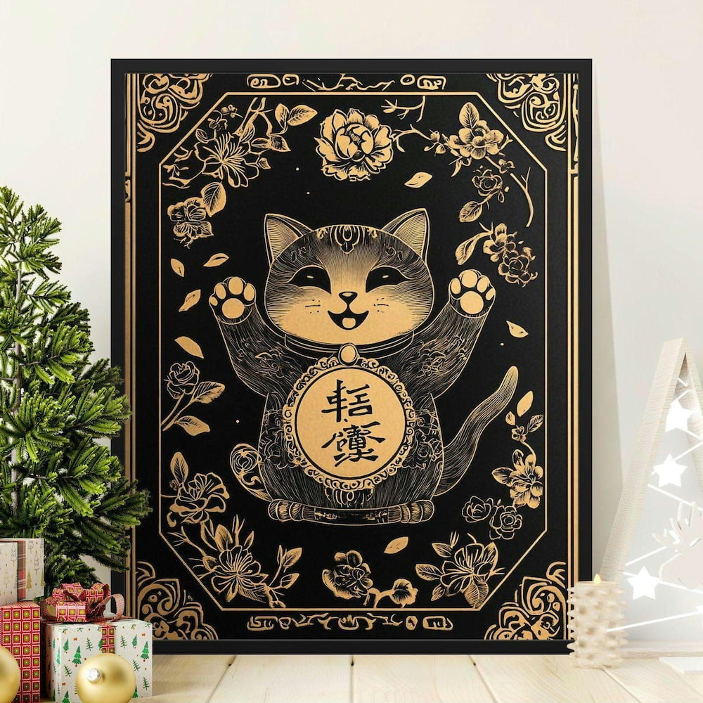 Lucky Cat Poster, Gold Foil Poster, Japanese Maneki Neko Art, Asian ...