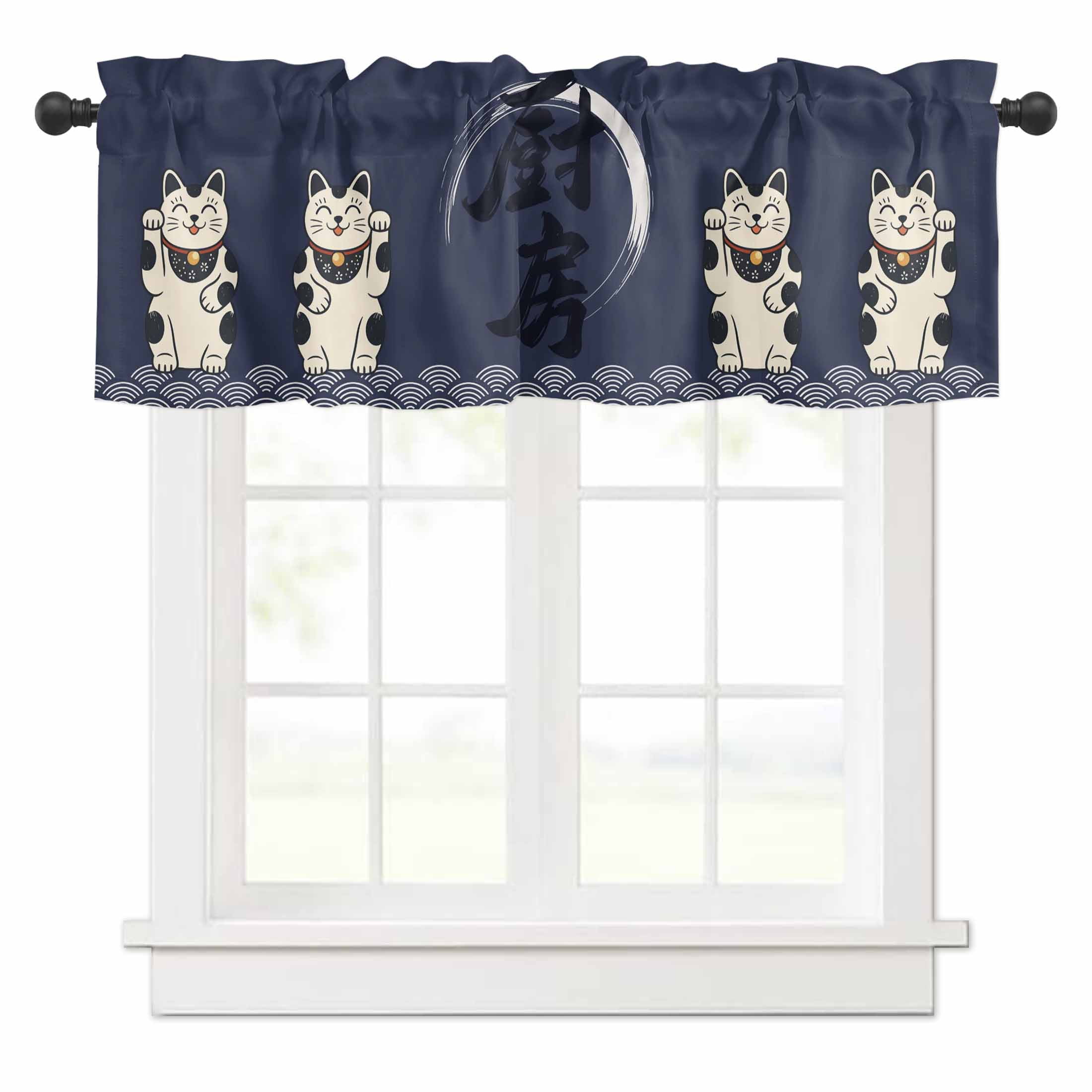 Lucky Cat Valances for Windows Japanese Style Kitchen Wave Pattern Navy ...