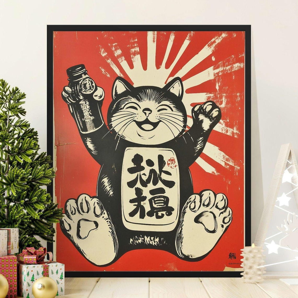 Lucky Cat Wall Art, Vintage Japanese Inspired Decor, Retro Black Cat ...