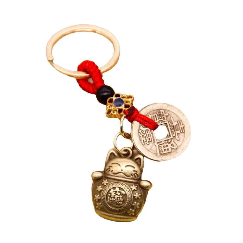 Lucky Cats Charm Keychain Brass Like Finish Keyring for Good Fortune ...
