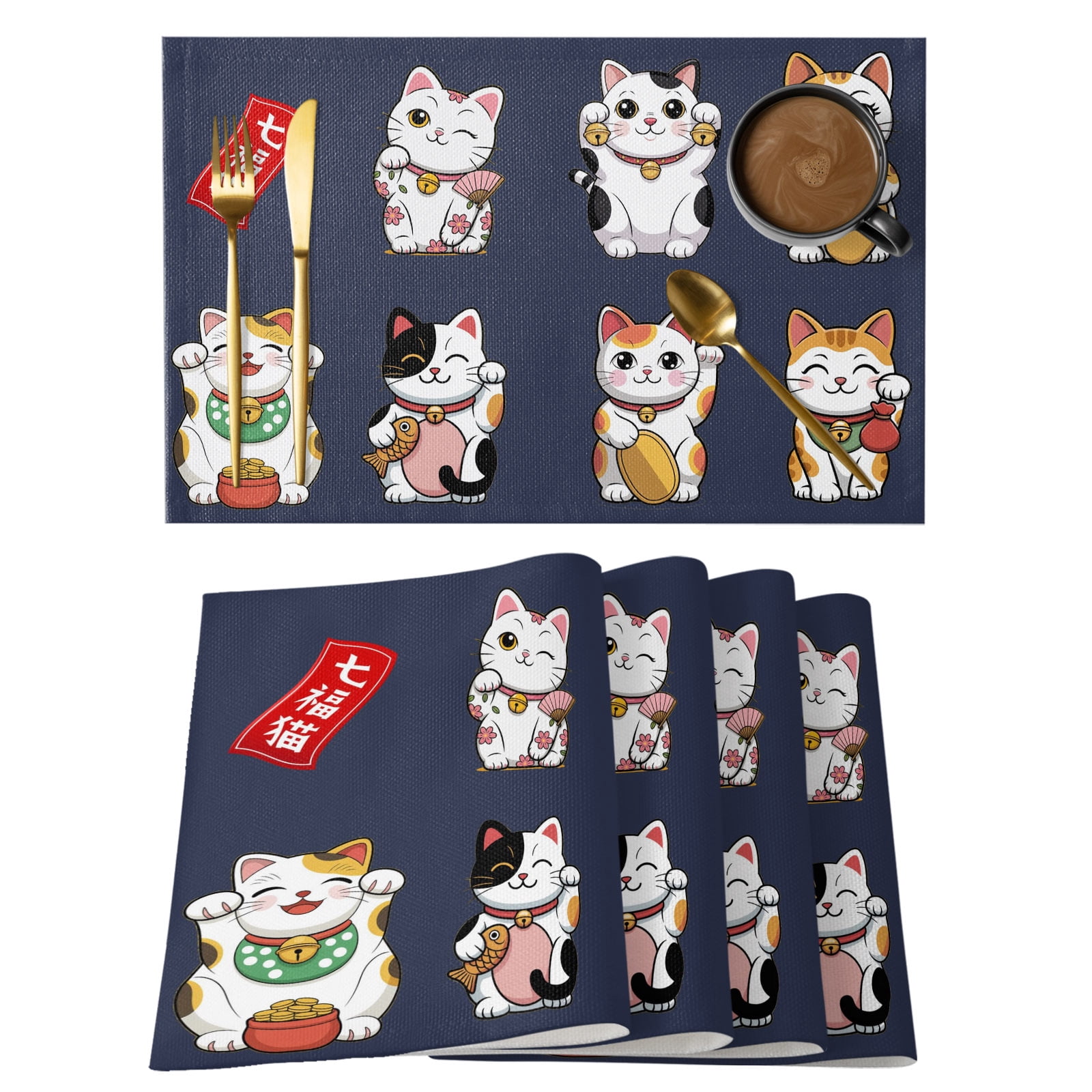 Lucky Cats Cotton Linen Placemats Set of 8, Modern Japanese-Style Cute ...