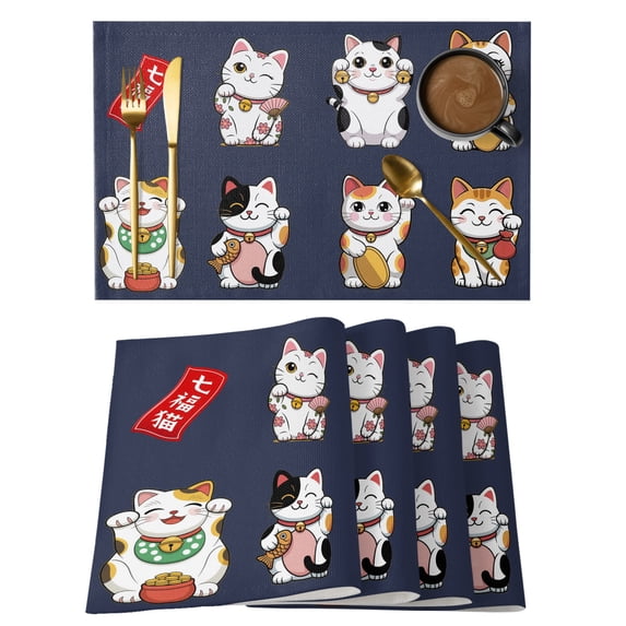 Lucky Cats Cotton Linen Placemats Set of 8, Modern Japanese-Style Cute ...