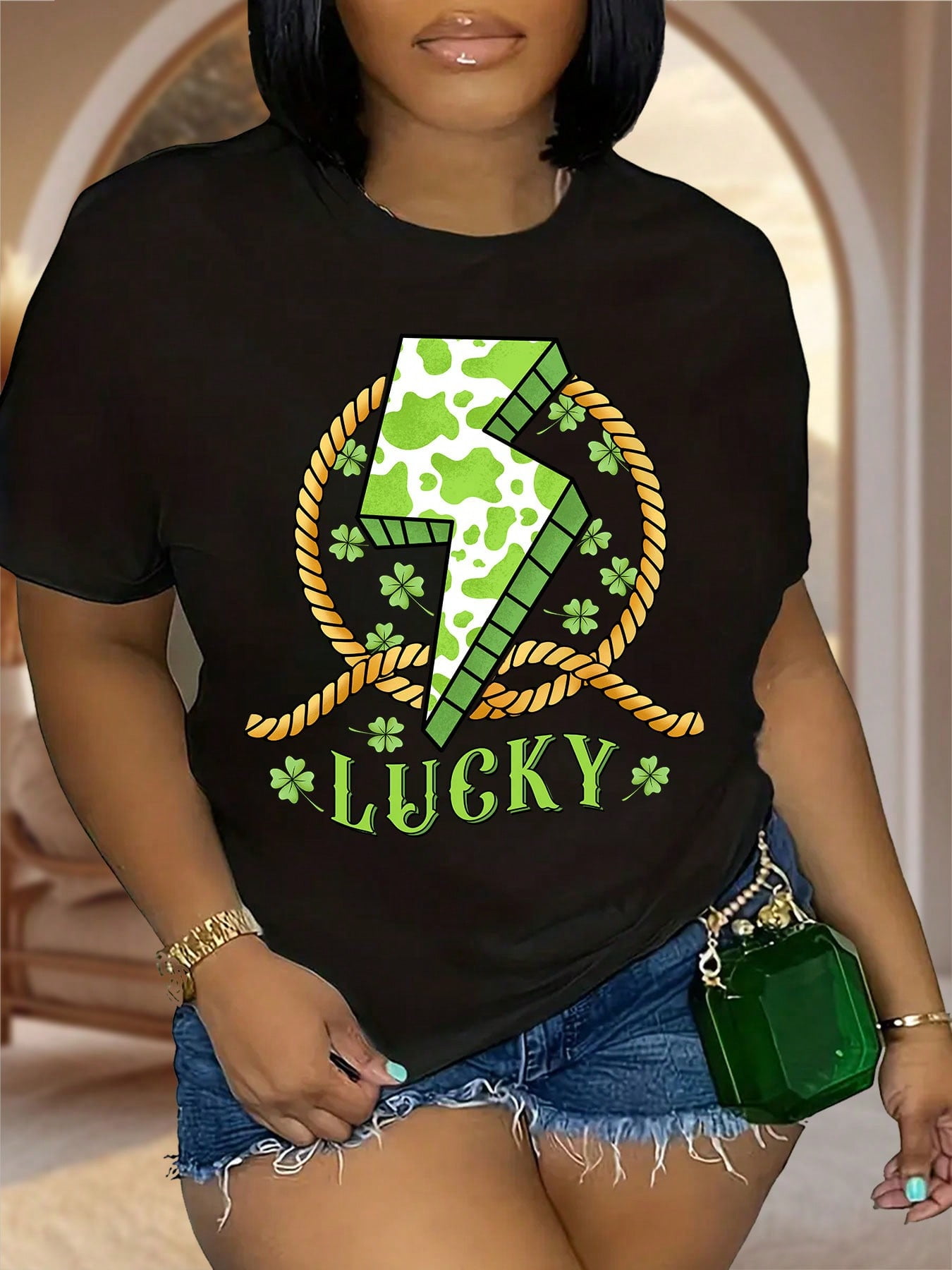 Lucky Clover Cow Print Lightning Bolt Women Short Sleeve T-Shirt ...