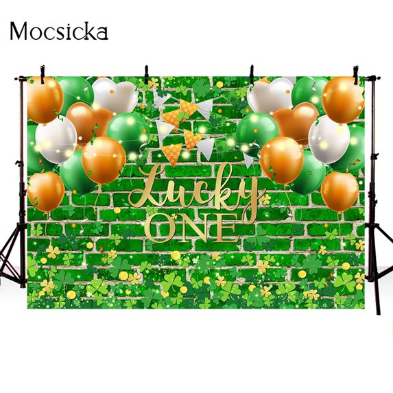 Lucky Clover Photography Background Green Balloon Brick Wall Decoration ...