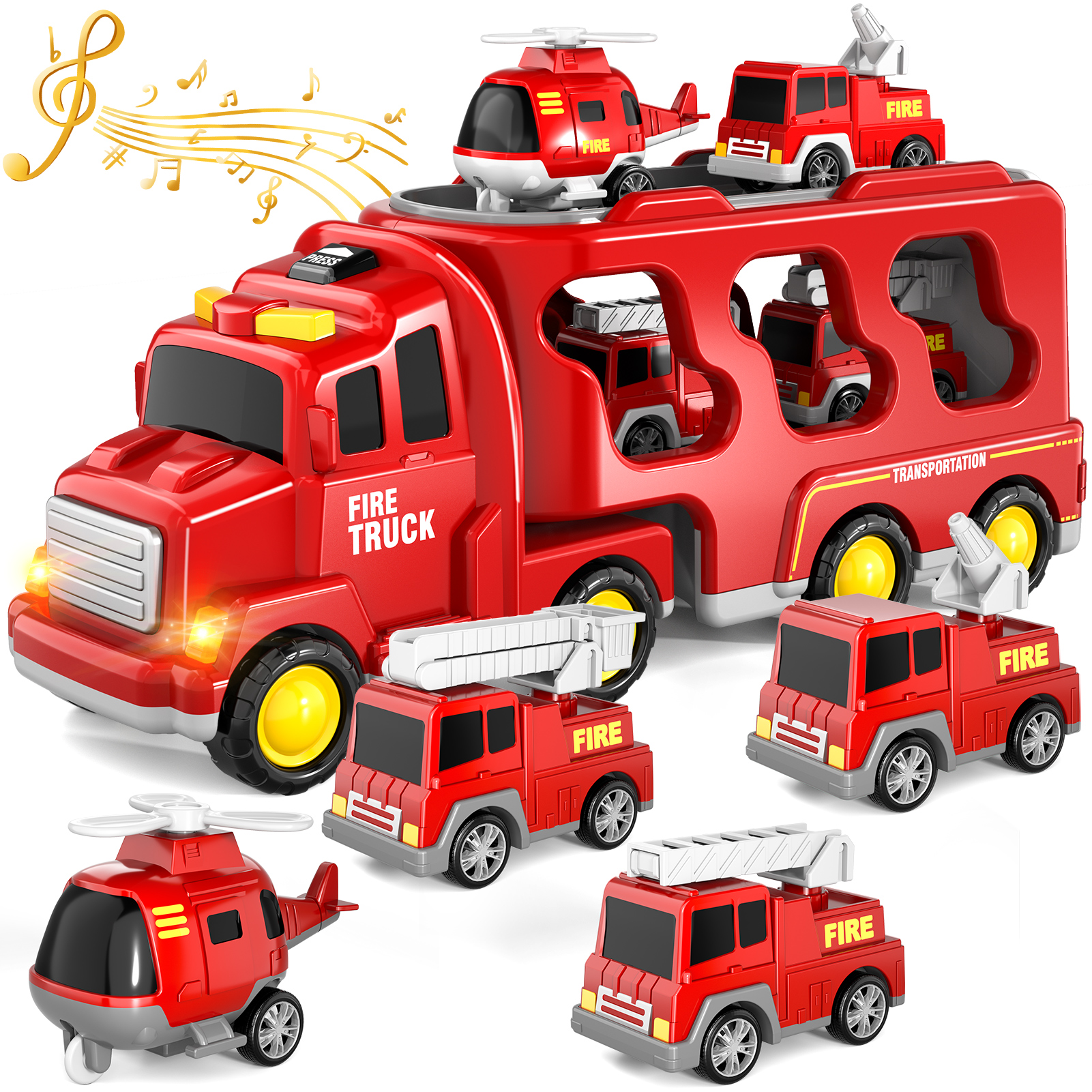 Lucky Doug Fire Truck 5 in 1 Car Sets with Light Sound for Boys Ages 2 ...