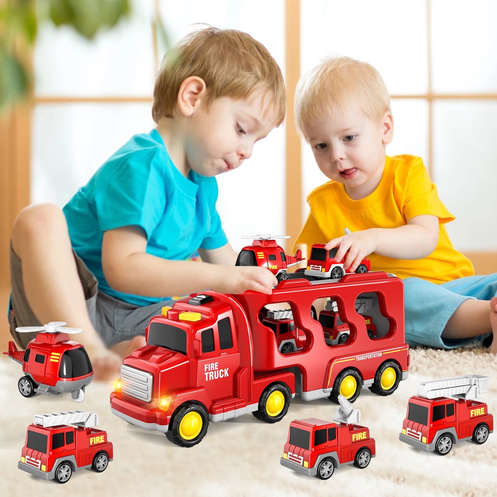 Lucky Doug Fire Truck Car Set for Toddlers Ages 1-3-5, 5 in 1 Carrier ...