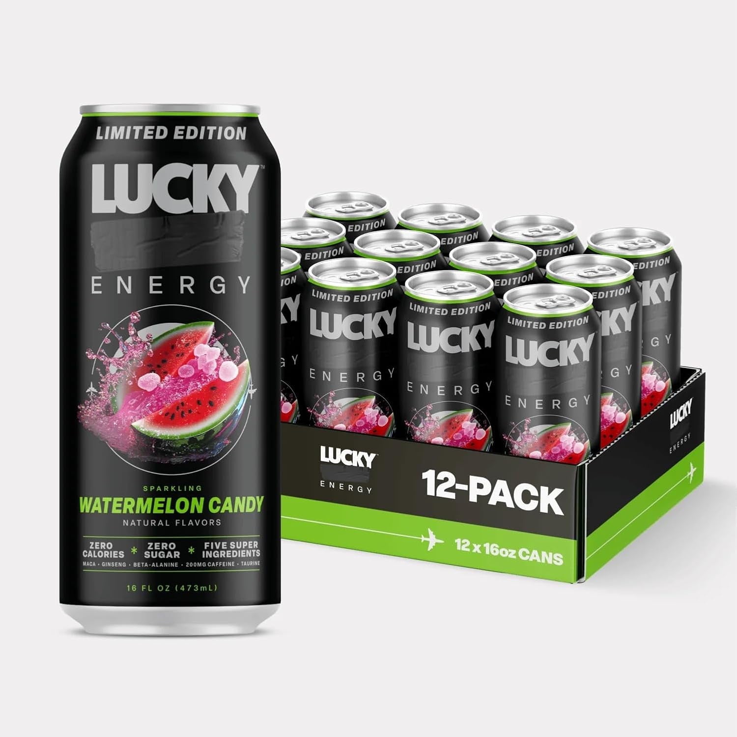 Lucky Energy Drink, Watermelon Candy Flavor, 12 Pack (16 fl oz Cans), Sugar Free, with Natural ...