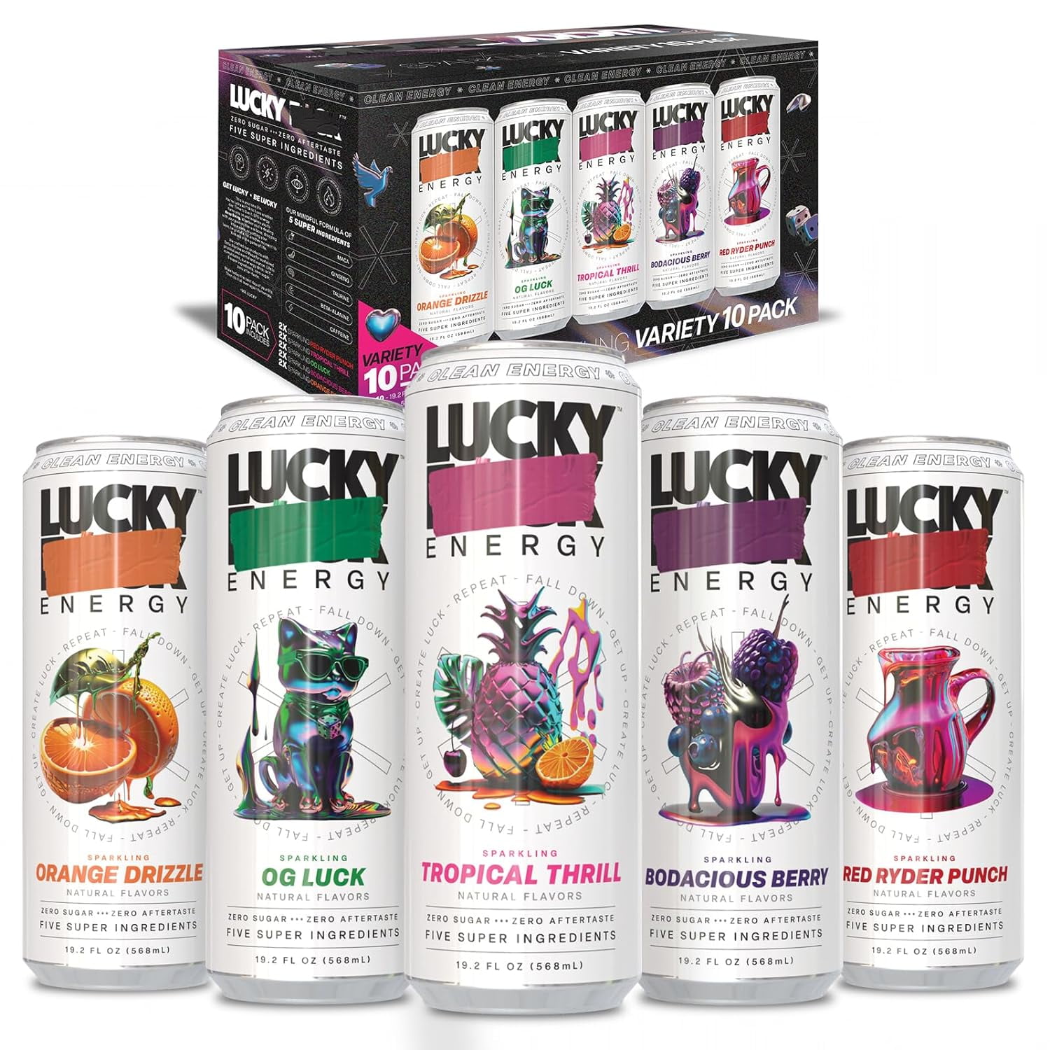 Lucky Energy Zero Sugar Energy Drink 19.2 Fl Oz Cans (Pack Of 10) Variety Pack With Five Flavors ...
