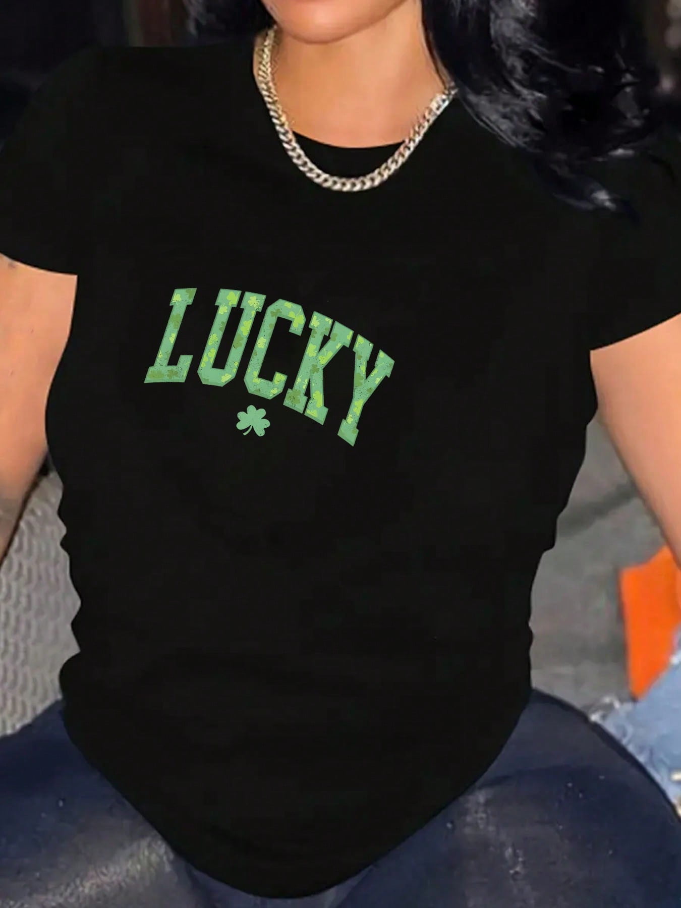 Lucky Graphic Clover Pattern Women Short Sleeve Crew Neck T-Shirt ...