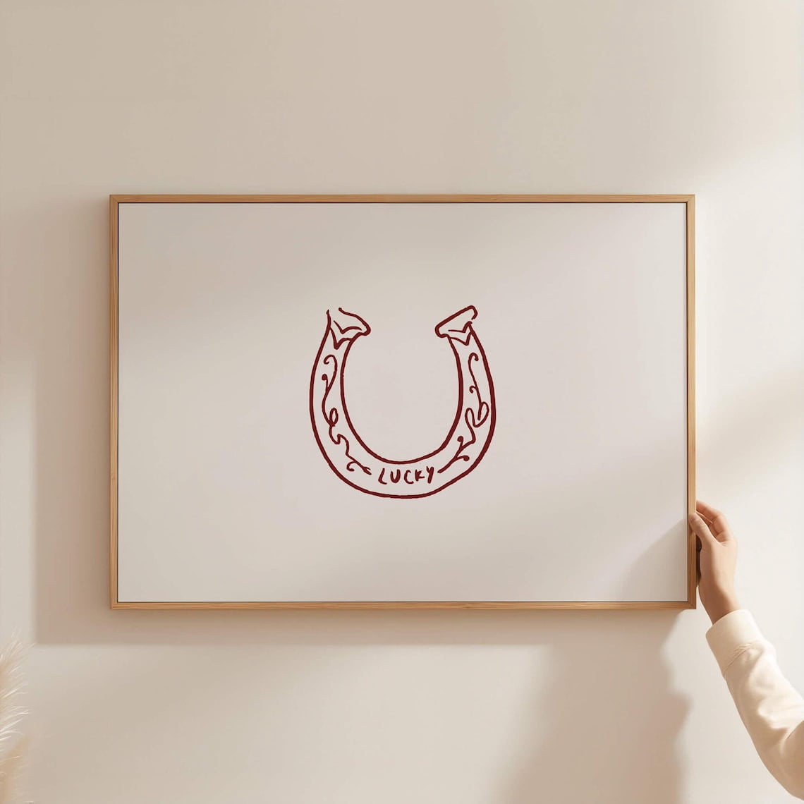 Lucky Horseshoe Poster, Rustic Western Wall Art, Hand Drawn Burgundy ...