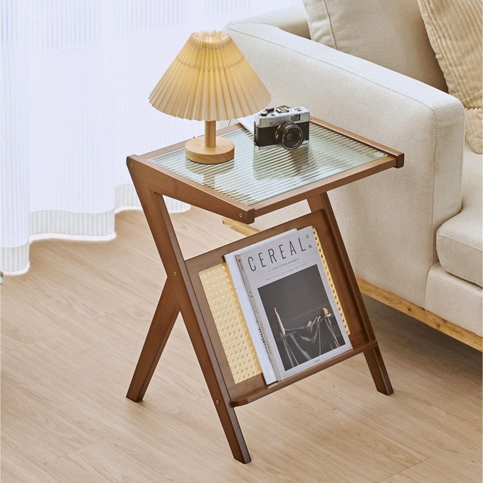 Lucky Monet Natural Bamboo Glass Top Small Side Table with Magazine ...