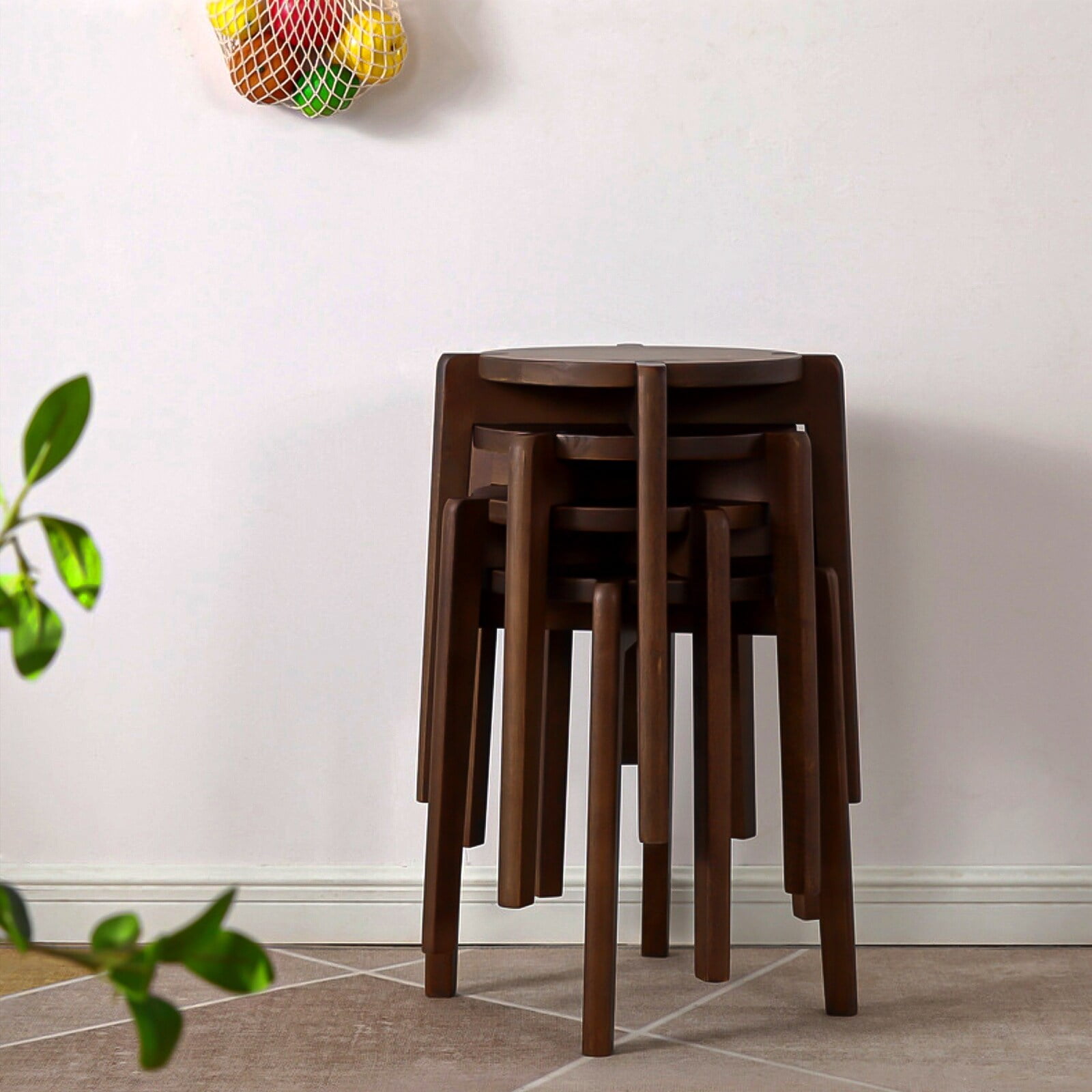 Lucky Monet Solid Wood Stacking Stool Round Dining Chair Backless, Set ...