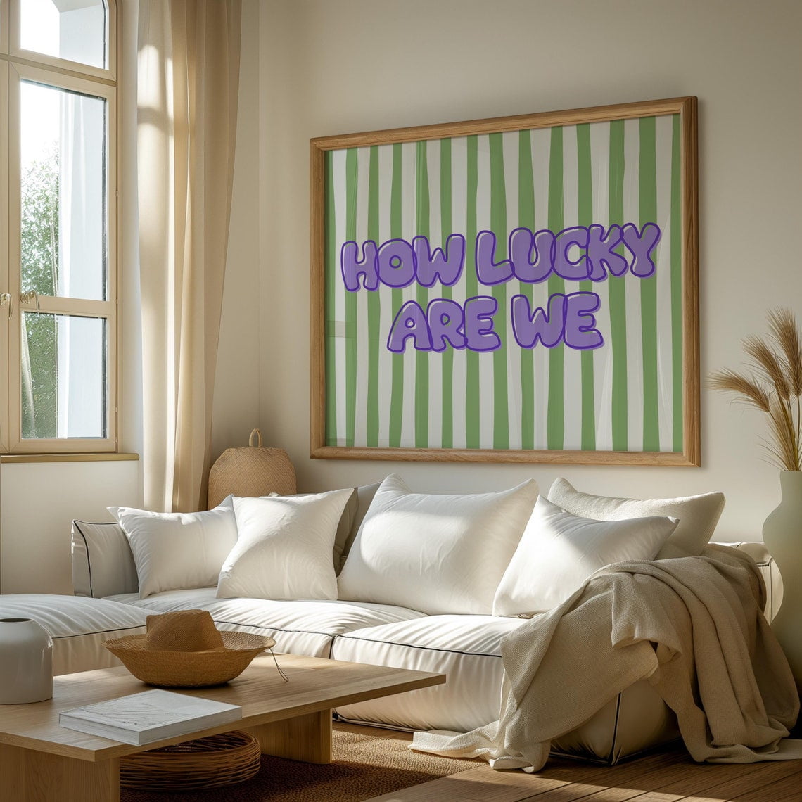 How Lucky Are We Poster, Sage Green Wall Art, Striped Poster, Lucky You ...