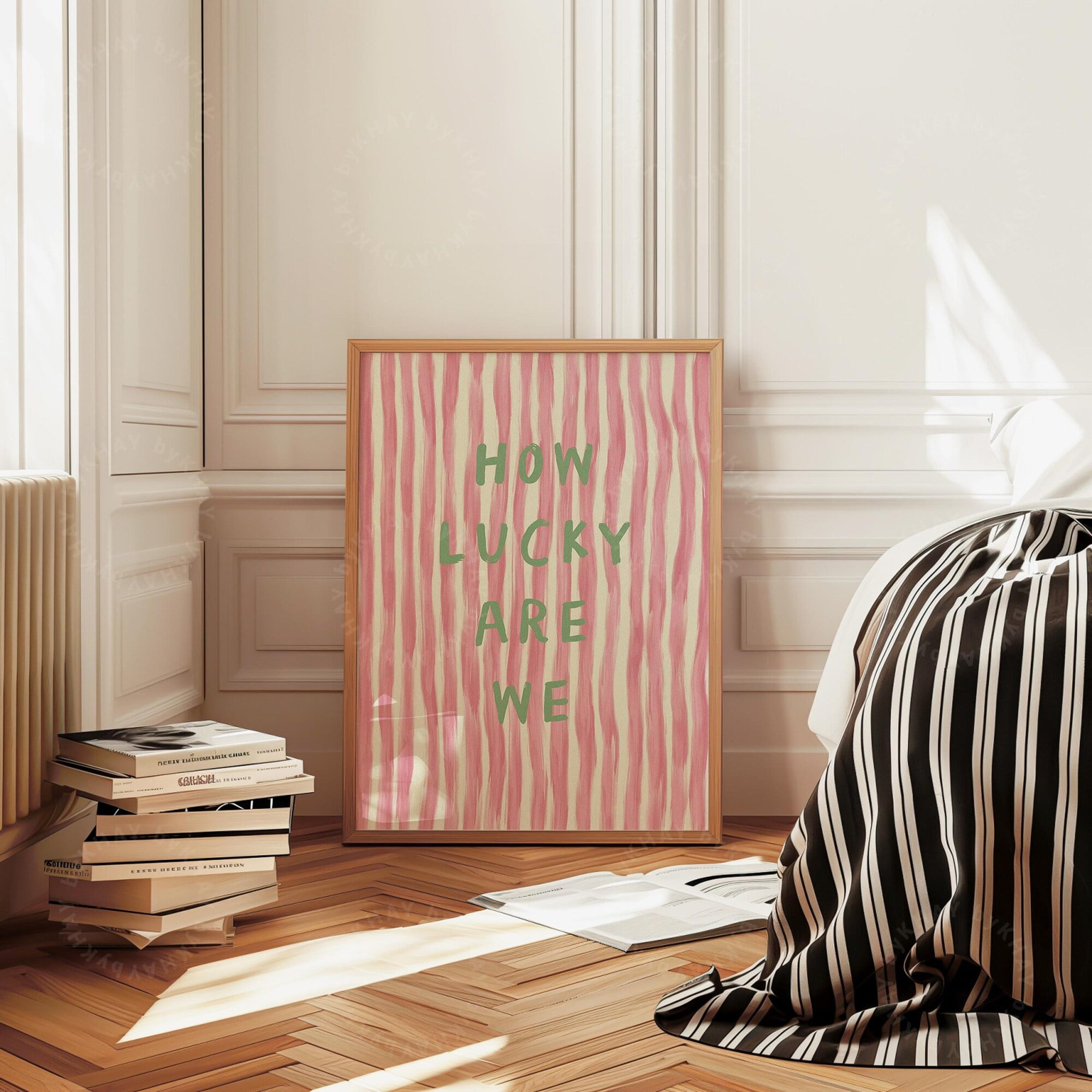 How Lucky Are We Print, Pink Green Stripe, Trendy Aesthetic Home Decor ...