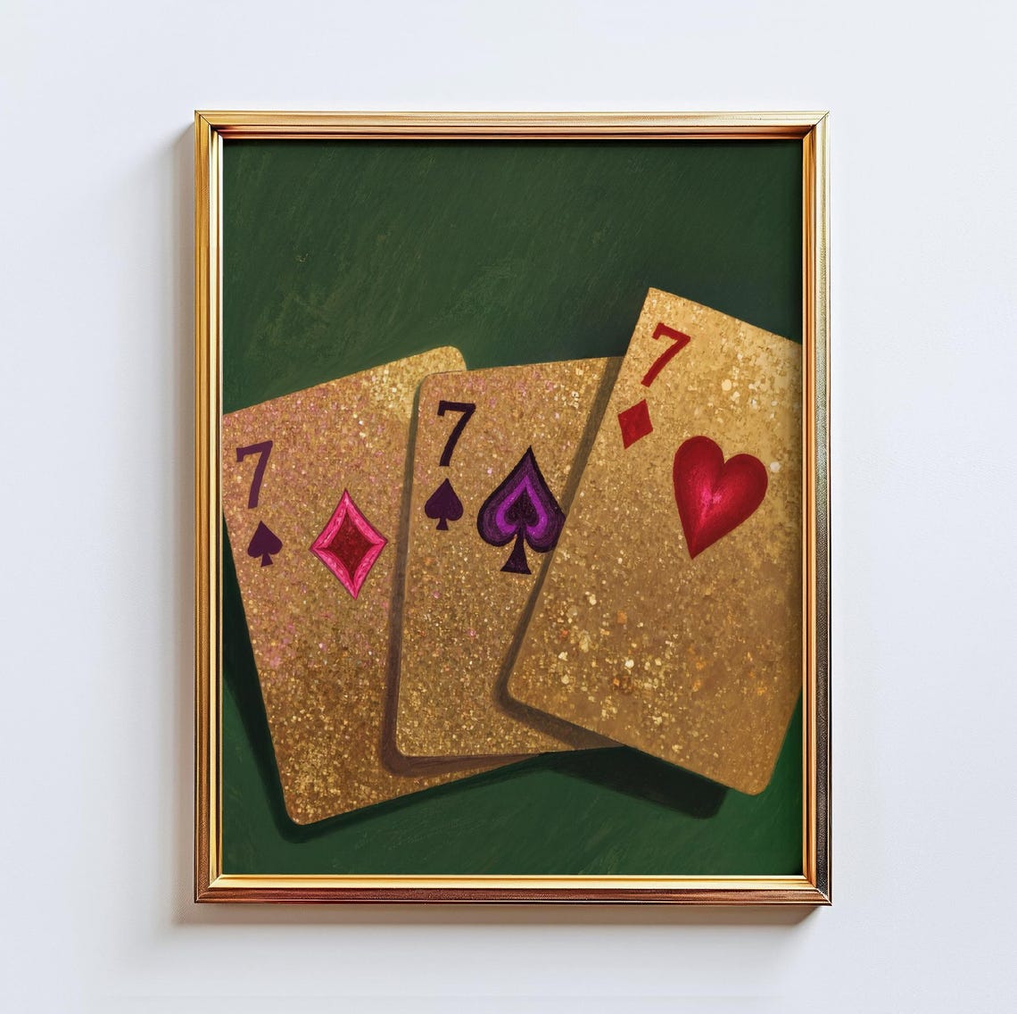 Lucky Seven Wall Art – Gold Glitter Playing Cards Poster, Retro Glam ...