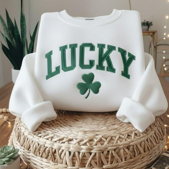 Lucky Shamrock Embroidered Sweatshirt, St Patrick’s Day Varsity ...