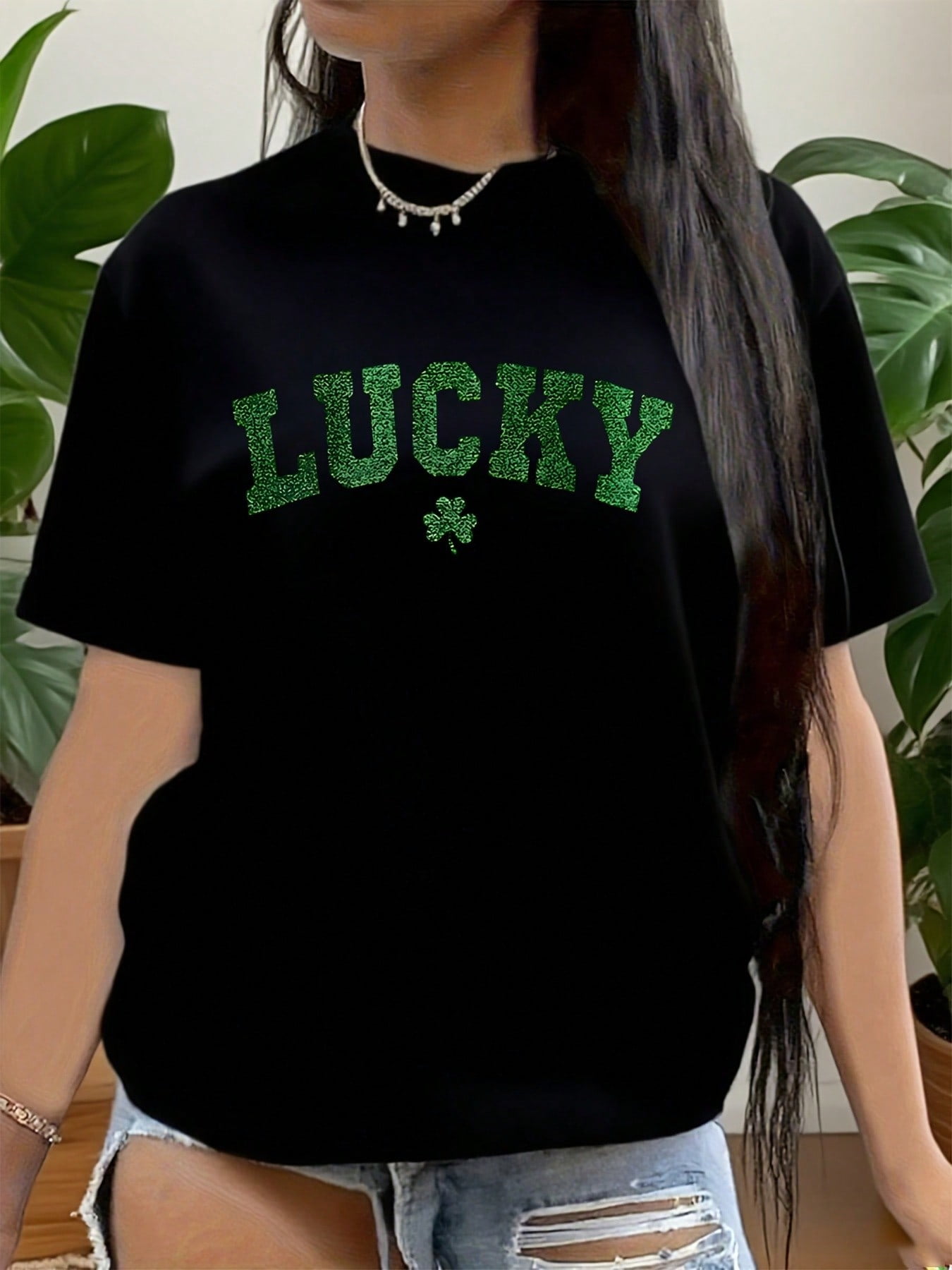 Lucky Shamrock St. Patrick's Day T-Shirt For Women With Sparkle Text ...