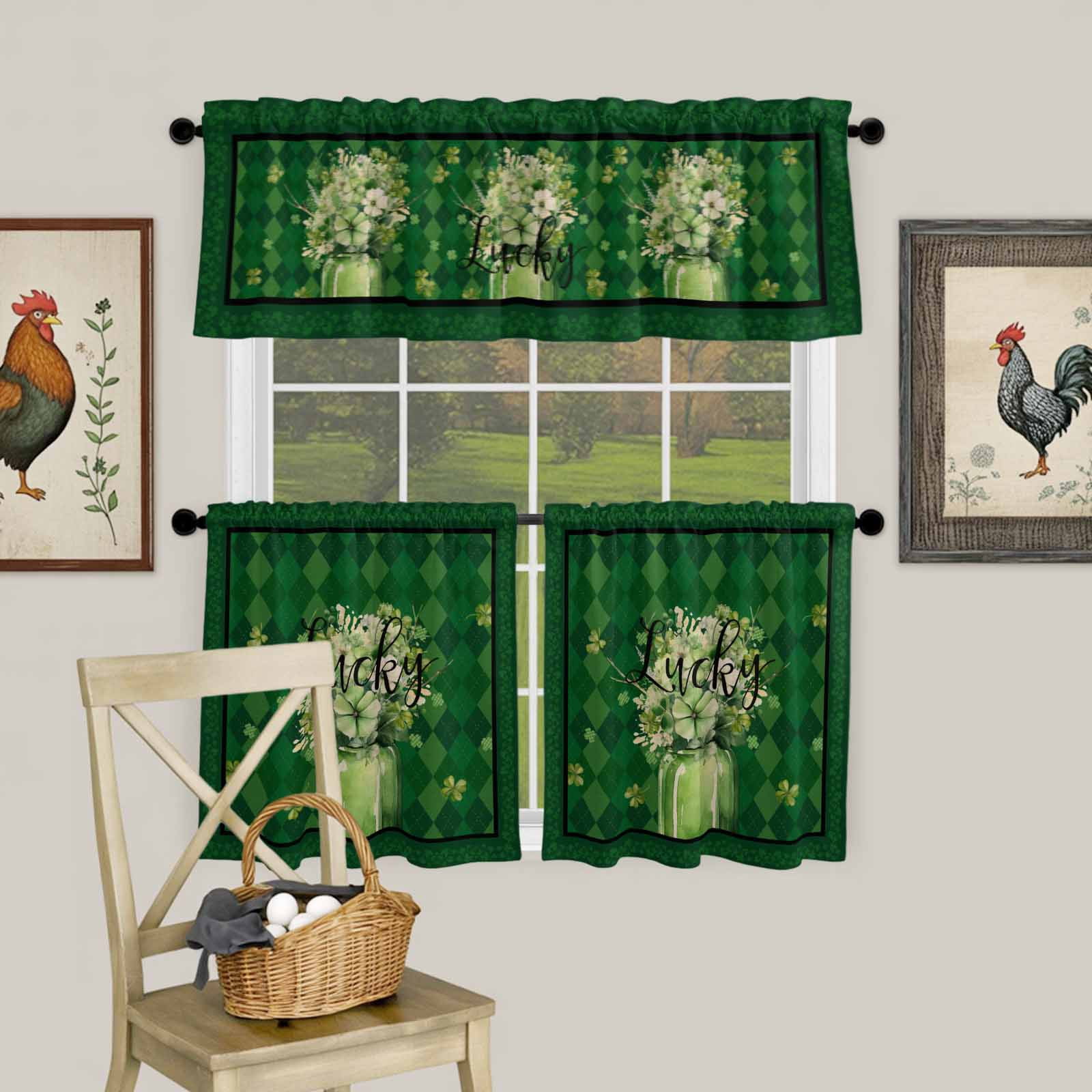 Lucky Words on Green Background Curtain Tier and Valance Set 3 Piece ...