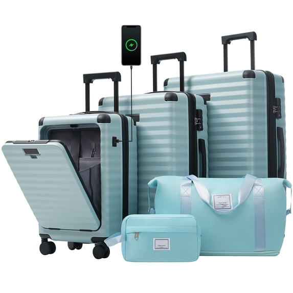 LuckyNote 5‑Piece Travel Luggage Set, 20″ Front‑Open Carry‑On with USB ...