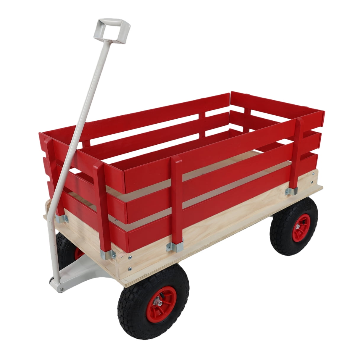 LuckyNote Red Wooden Wagon Cart with Folding Handle, Heavy Duty All ...