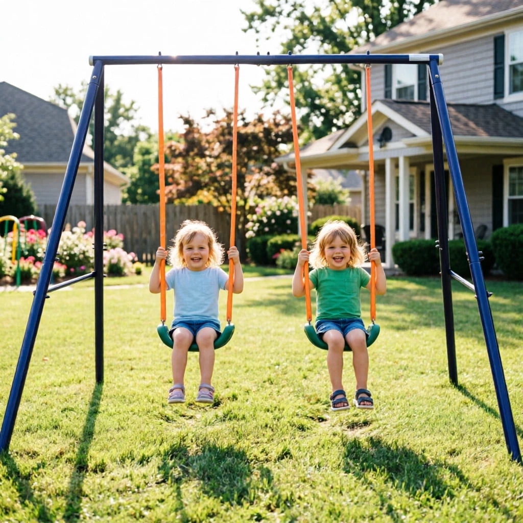 LuckyNote Two Station Swing Set for Backyard, Heavy Duty Steel Frame A ...