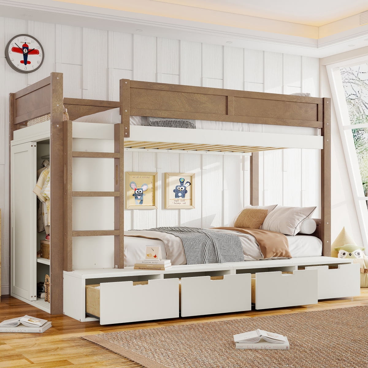 Luckynote Convertible Twin Bunk Bed, with 4 Drawers and Built-in ...
