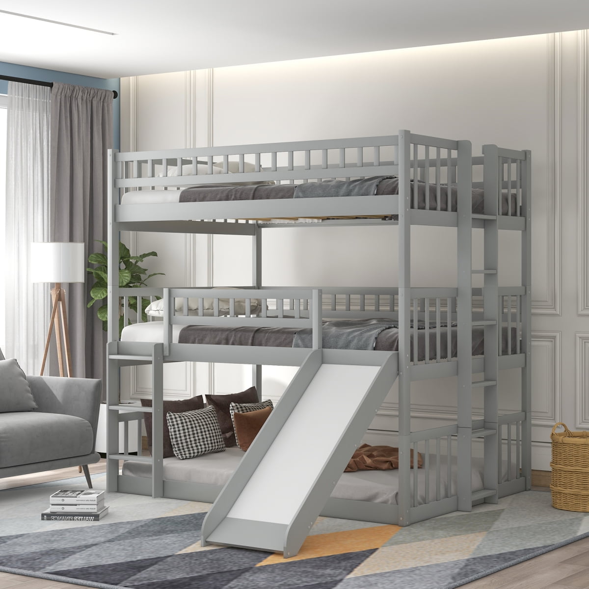 [Luckynote]Full-Over-Full-Over-Full Triple Bed with Built-in Ladder and ...