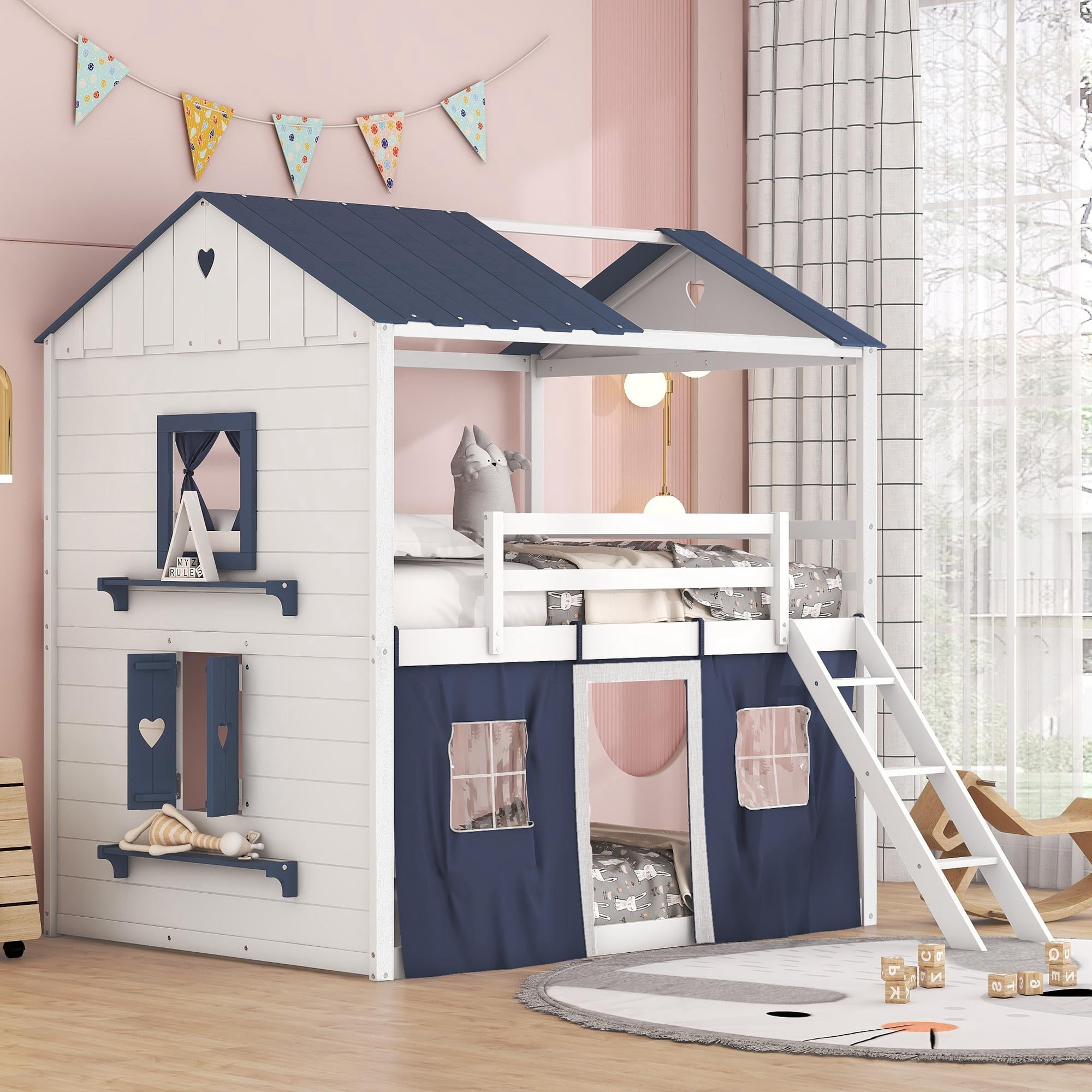 Luckynote Full Size House Bunk Bed, Solid Wood Frame with Under Bed ...